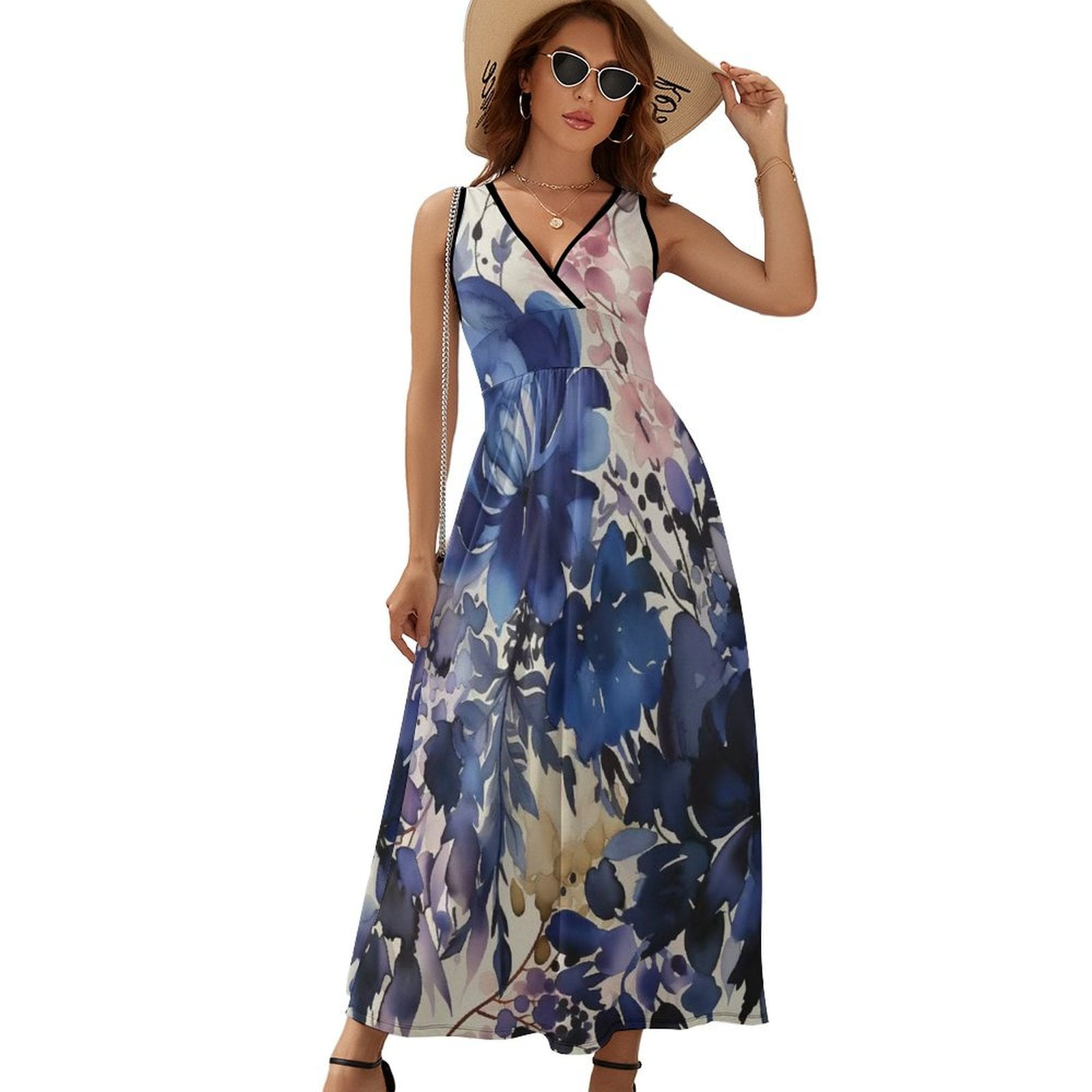 Blue FlowerWatercolor (1) Womens Night Club Maxi Dress V Neck ...
