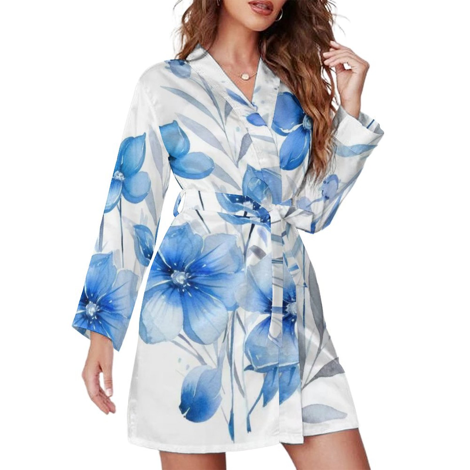 Blue FlowerWatercolor (3) Night Robe Long Sleeve V Neck Robe With Belt ...