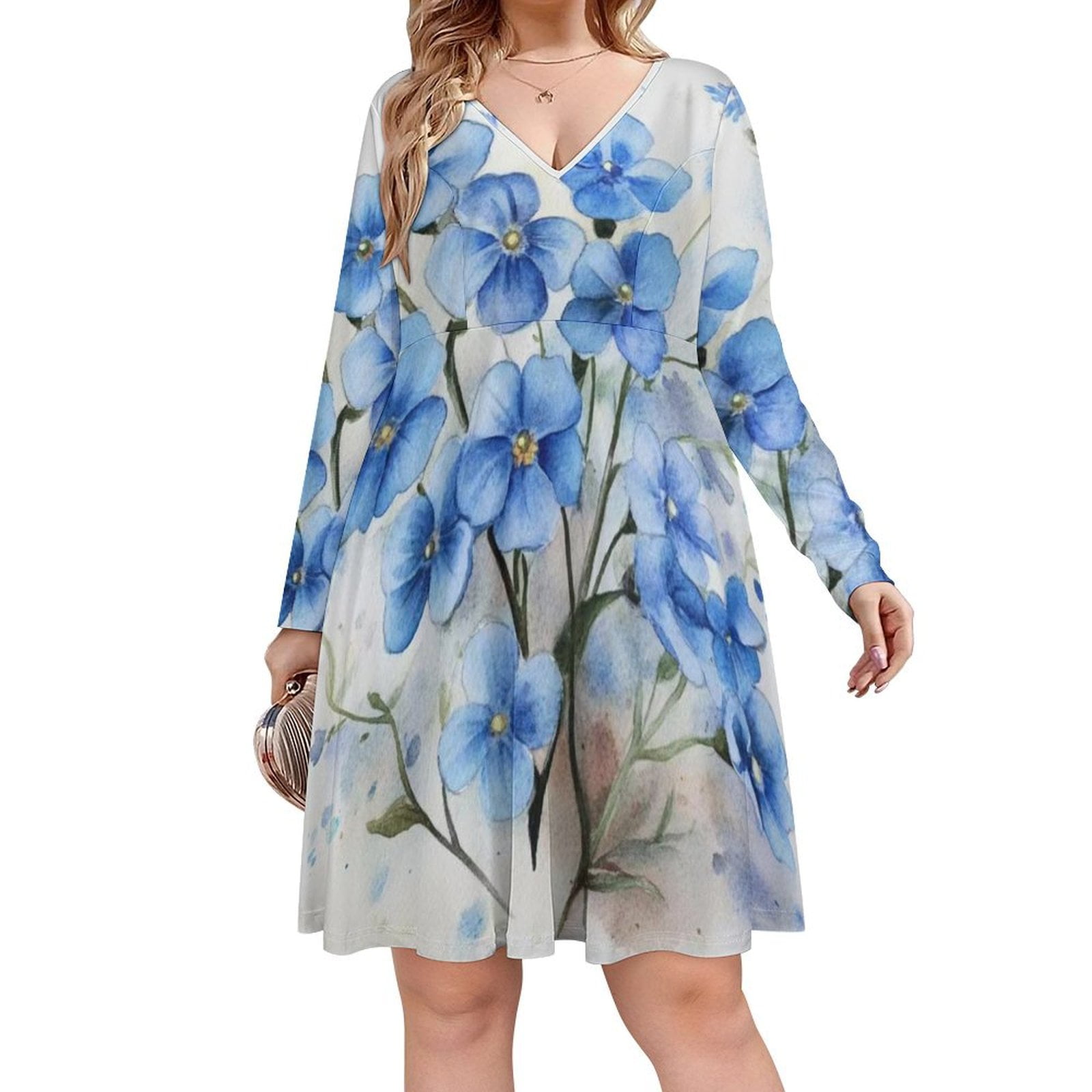 Blue FlowerWatercolor (4) Long Sleeve Dresses For Women Vintage Elegant Party Dress Oversized V ...