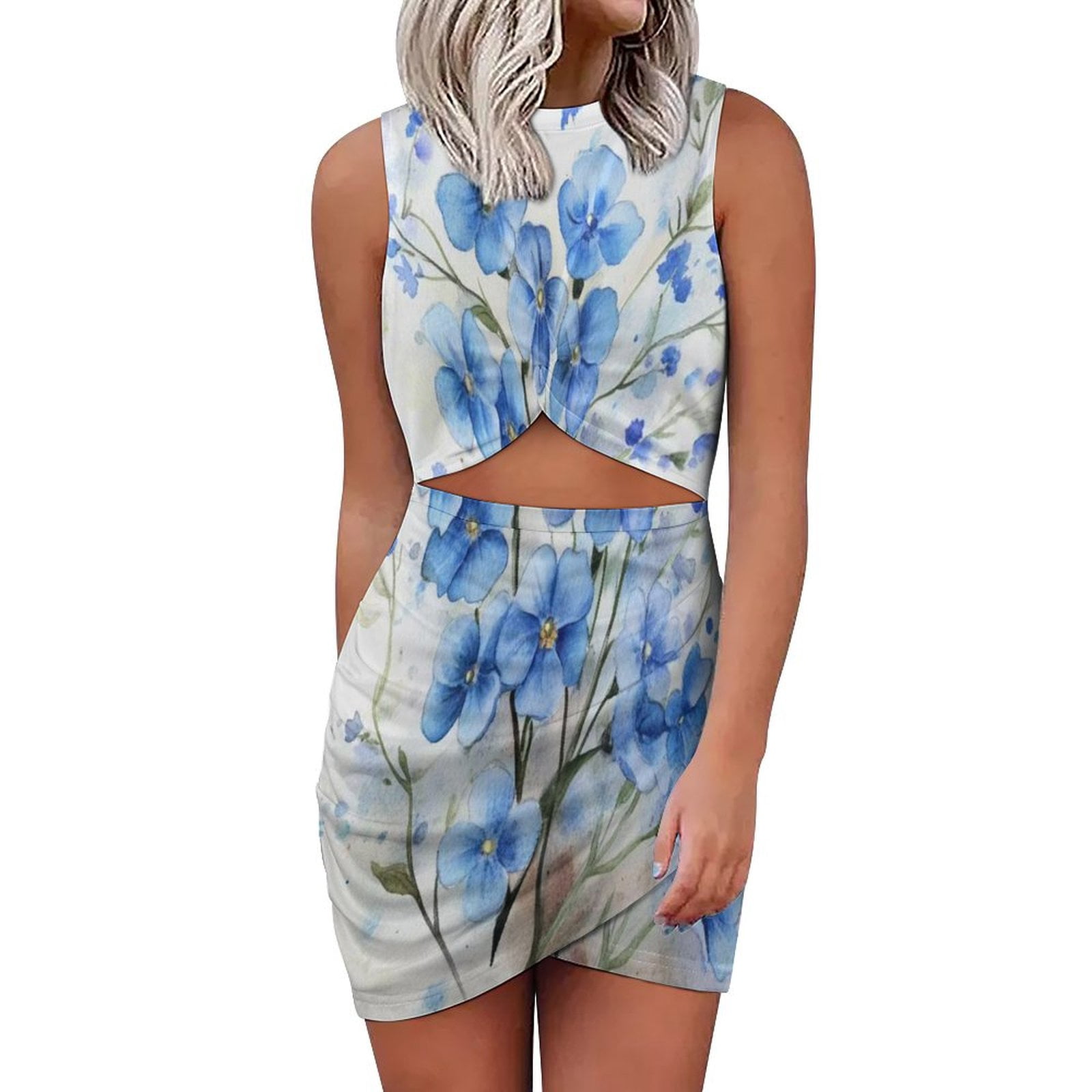 Blue FlowerWatercolor (4) Women's Crossover Slim Hip Dress Summer ...