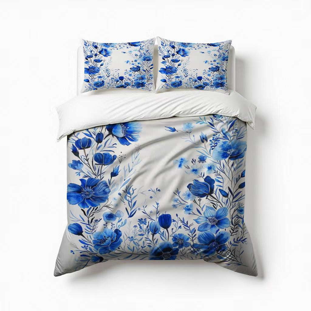 Blue FlowerWatercolor Bedding Set 3 Pcs Soft Microfiber Quilt Cover For ...