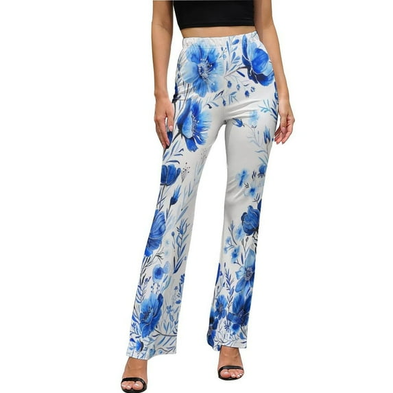 Blue FlowerWatercolor High Waisted Casual Flared Trousers Summer Home ...