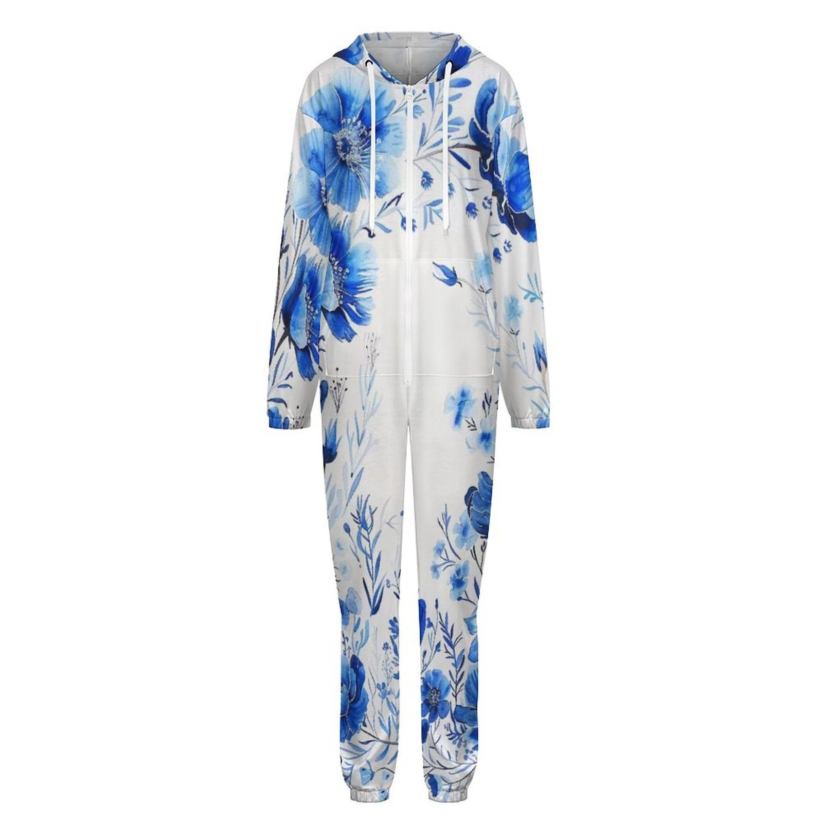 Blue FlowerWatercolor Unisex Adult Onesie Pajamas with Pockets for ...
