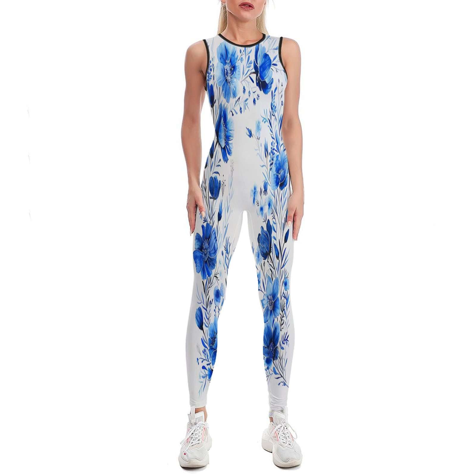Blue FlowerWatercolor Women's One Piece Yoga Jumpsuits Leggings ...