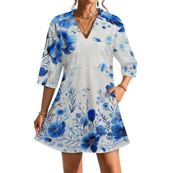 Blue FlowerWatercolor Womens Dress With Pockets Summer V Neck 3/4 ...