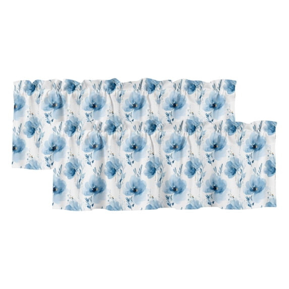 Blue Flowers 2 Panels Kitchen Valance, Spring Summer Watercolor Country ...