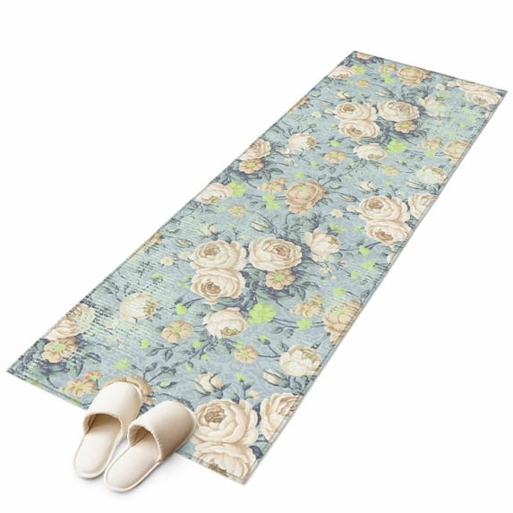 Blue Flowers 2'x6' Runner Rug, Romantic Farmhouse Botanical Floral ...