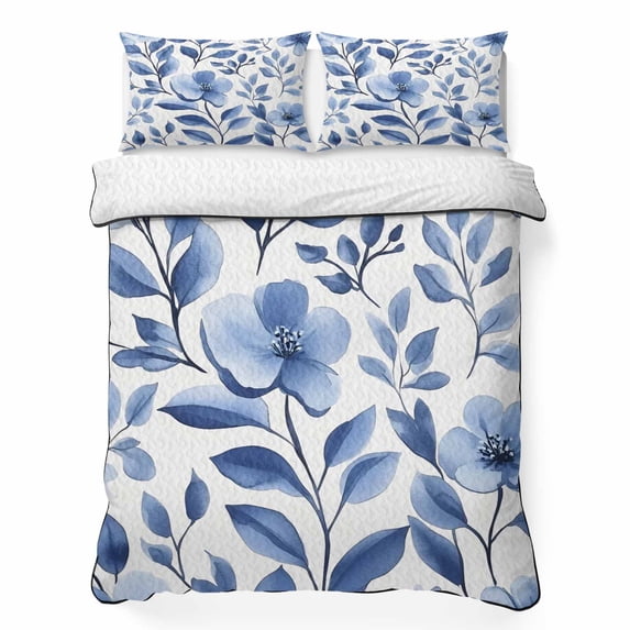Blue Flowers 3 Piece Quilt Bedding Set with 2 Pillow Shams, Farmhouse ...