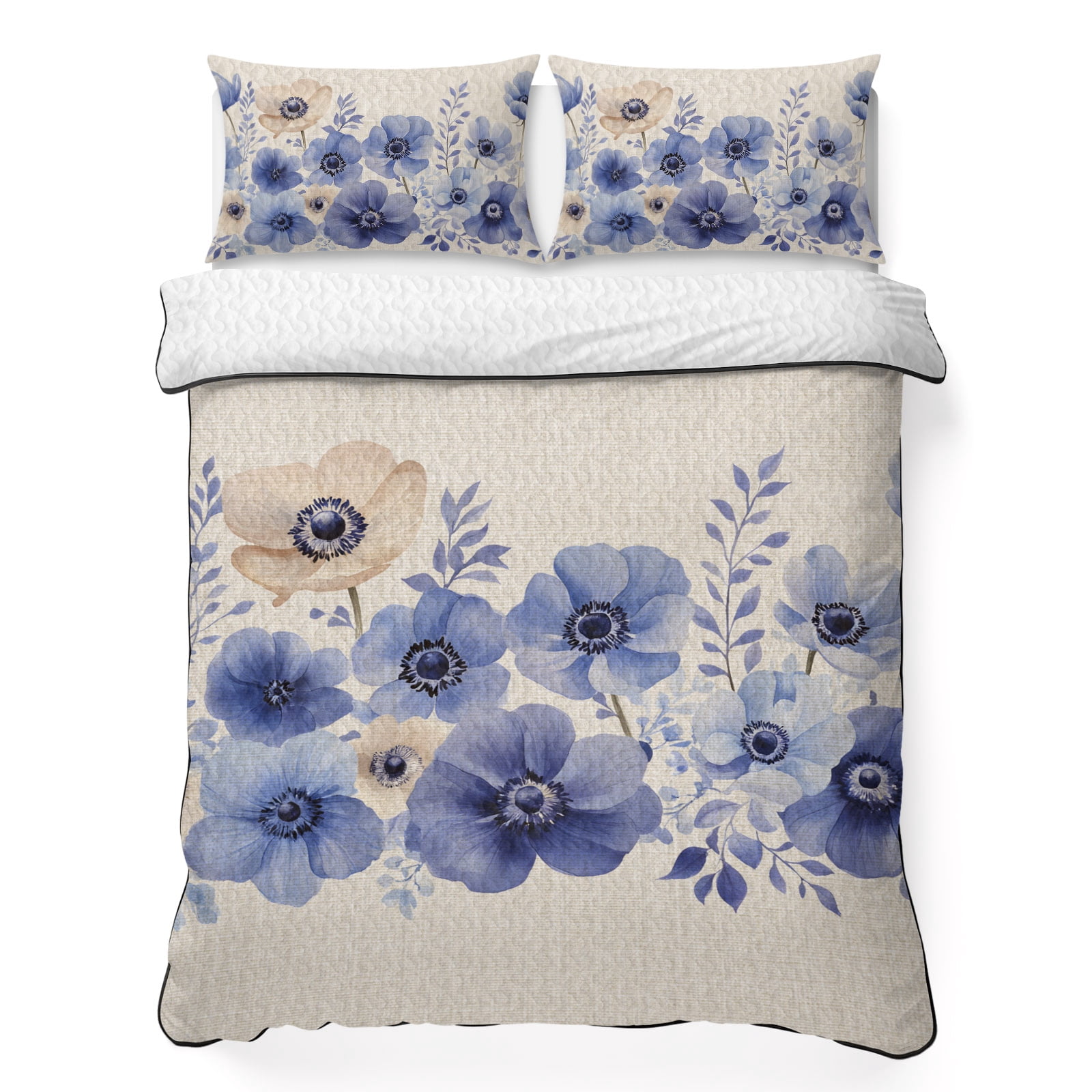 Blue Flowers 3 Piece Quilt Bedding Set with 2 Pillow Shams, Spring ...