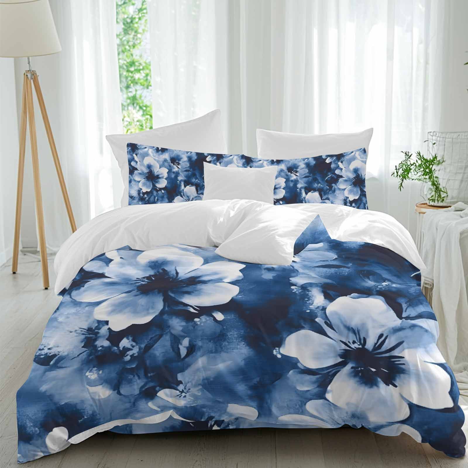 Blue Flowers 4 Piece Duvet Cover Set California King Size Petals ...