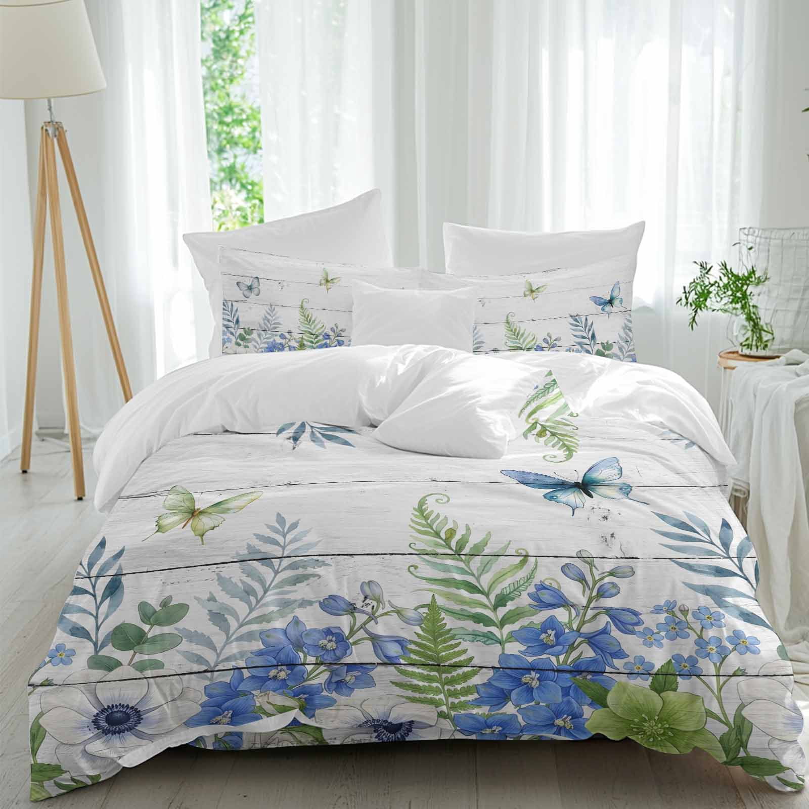 Blue Flowers 4 Piece Duvet Cover Set Queen Size White Floral ...