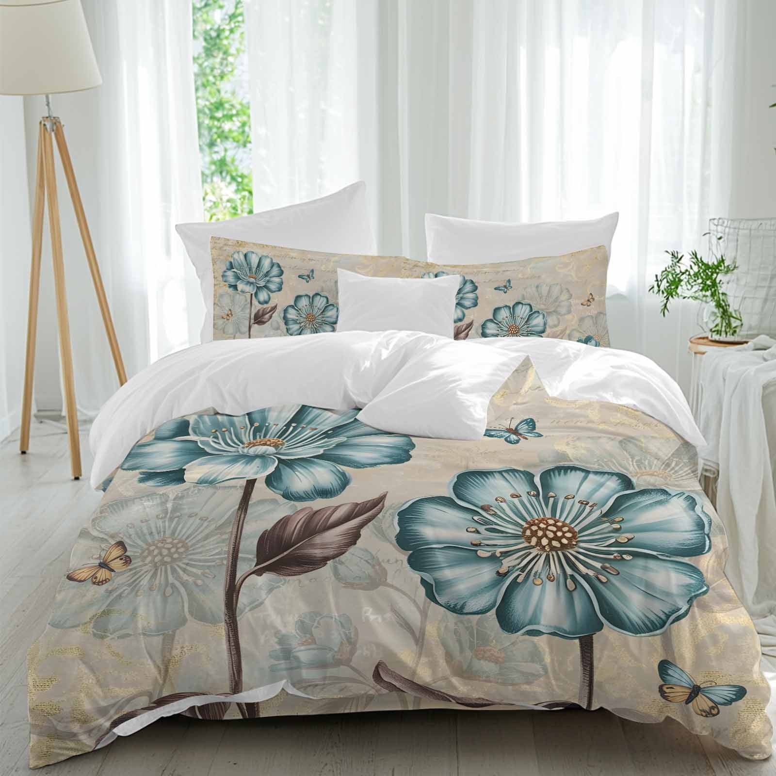 Blue Flowers 4 Piece Duvet Cover Set Twin Size Vintage Country Spring ...
