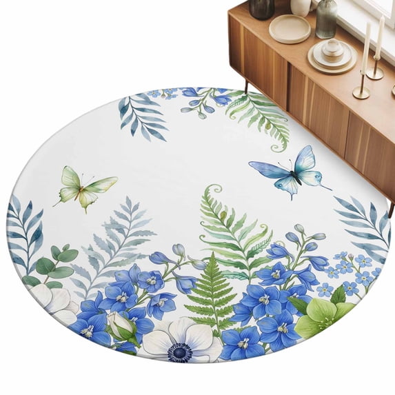 Blue Flowers 4ft Non Slip Round Area Rug White Floral Butterflies Green ...