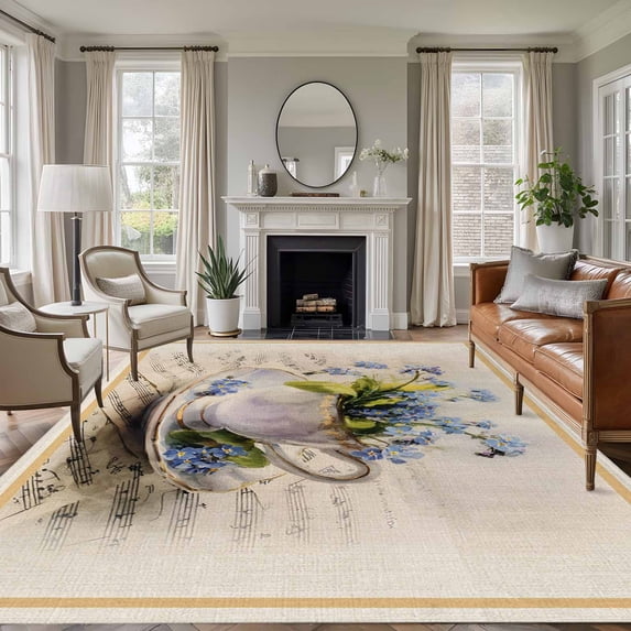Blue Flowers 5'x7' Rug for Living Room Sofa and Coffee Table Layout ...