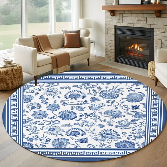 Blue Flowers 7FT Round Area Rugs for Living Room Floral Geometric ...