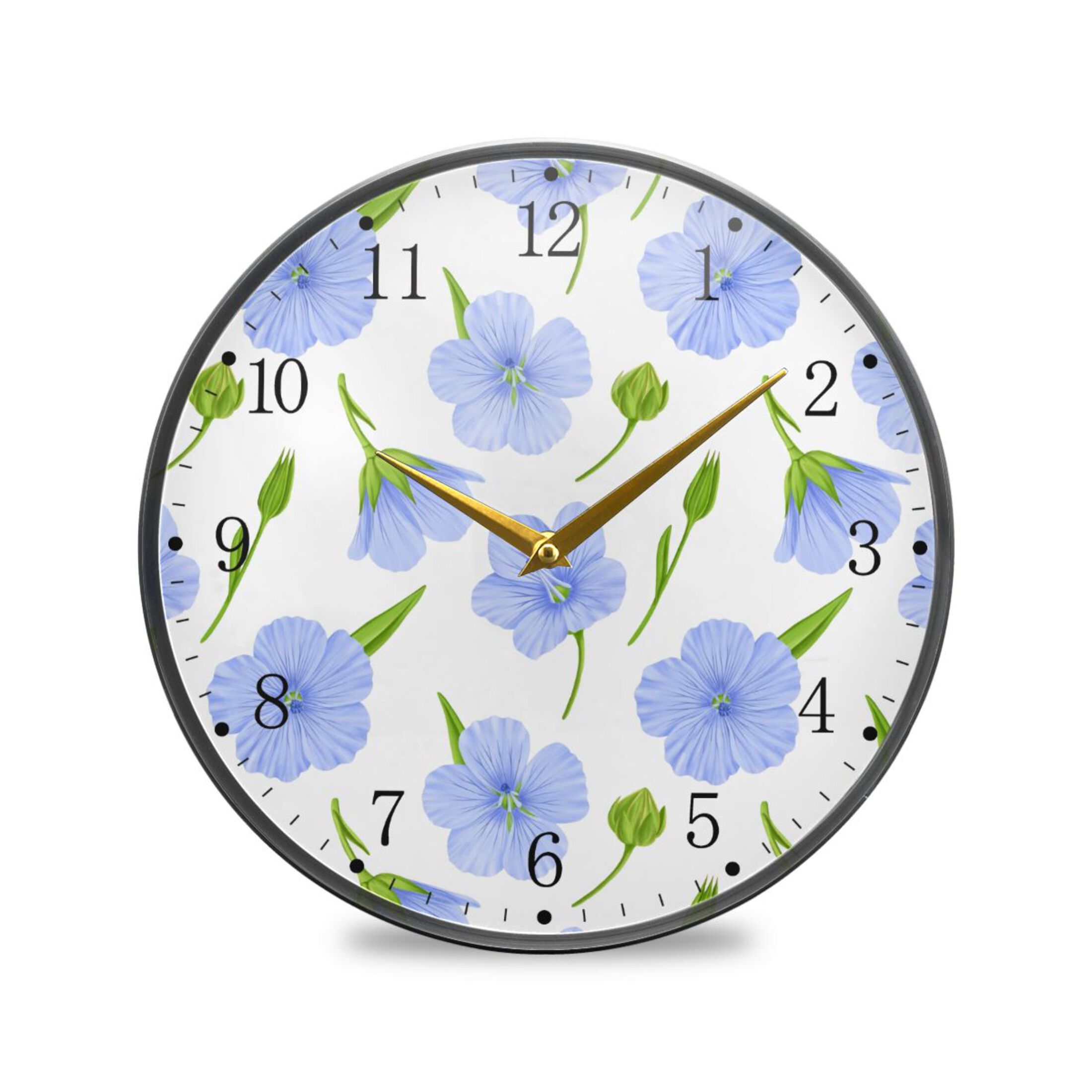 Blue Flowers Acrylic Wall Clocks Quiet Round Clock Battery Operated Non ...