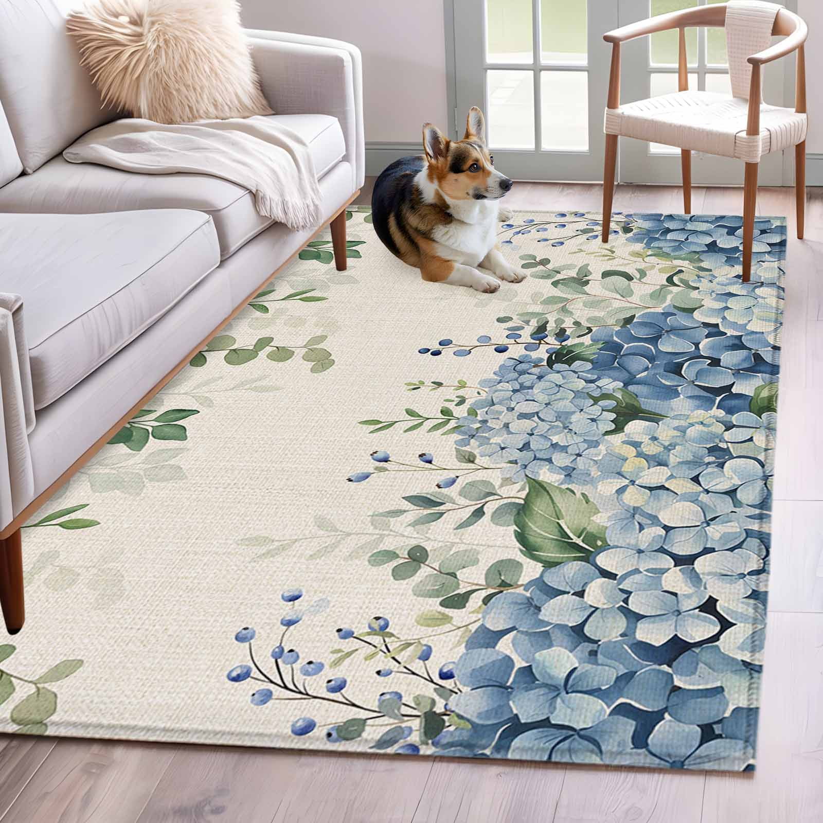 Blue Flowers Area Rug 4x6 Washable Rug Non Slip Green Eucalyptus Floral ...