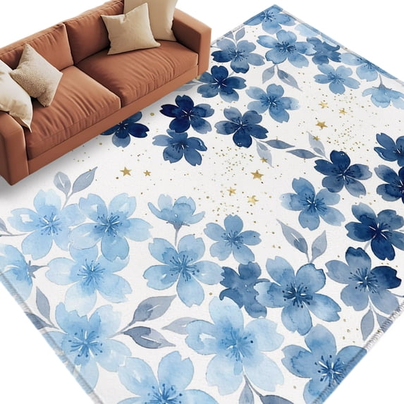 Blue Flowers Area Rug 5x8 Washable Rug Non Slip Watercolor Botanical ...