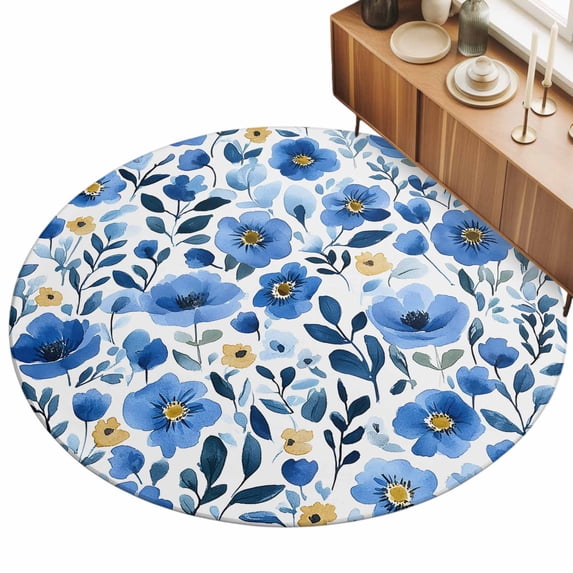 Blue Flowers Area Rugs 4' (Round) Summer Watercolor Floor Rug Non Slip ...