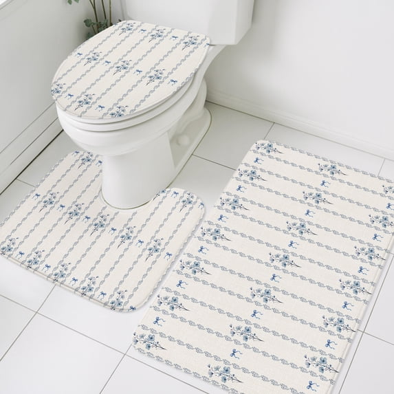 Blue Flowers Bathroom Rugs Set Bow Watercolor Floral Spring Farm Plant ...