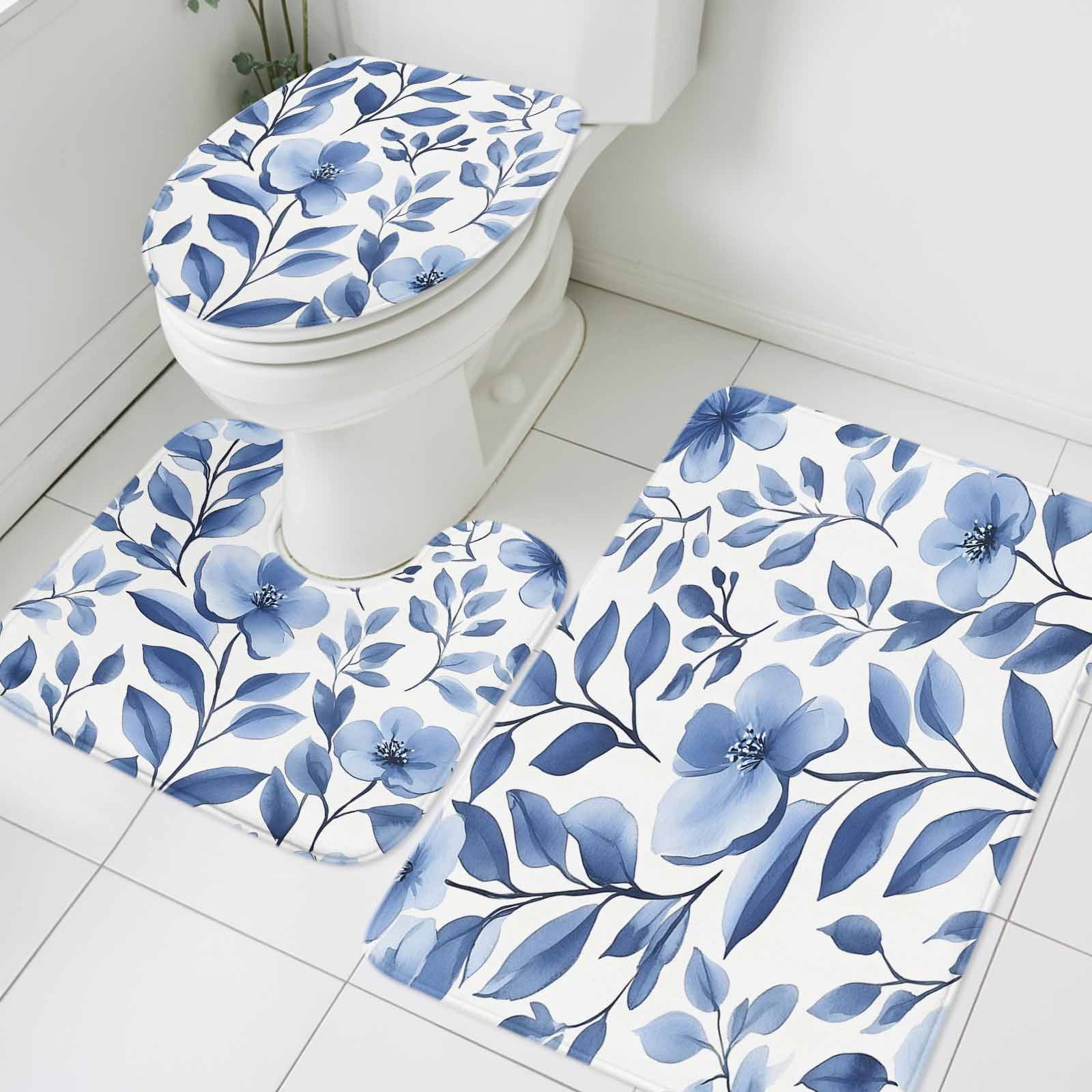 Blue Flowers Bathroom Rugs Set Farmhouse Leaf Watercolor Flower Non ...