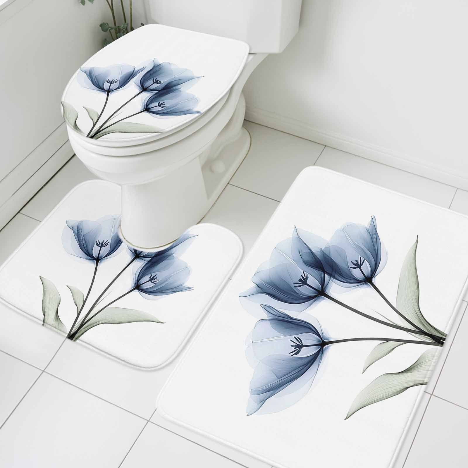 Blue Flowers Bathroom Rugs Set Spring Vintage Country Watercolor Blue ...