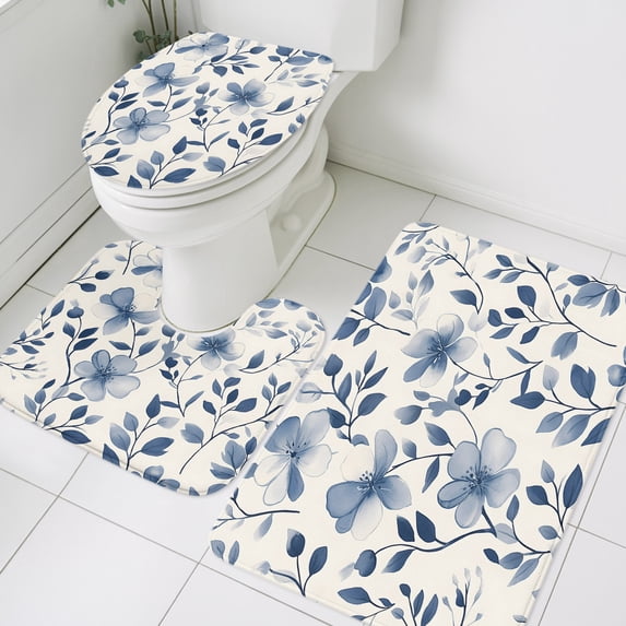 Blue Flowers Bathroom Rugs Set Watercolor Leaf Summer Plant Farmhouse ...