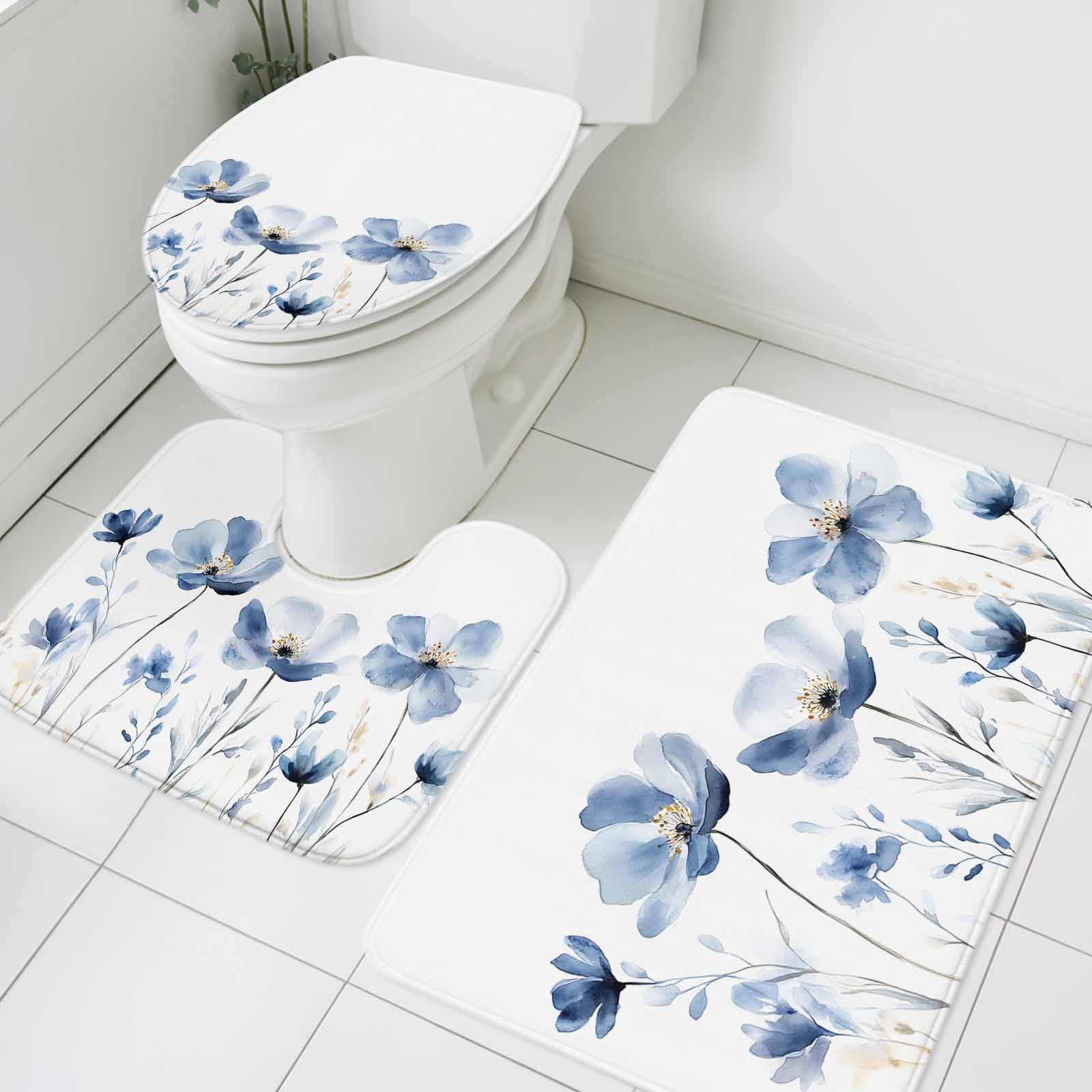Blue Flowers Bathroom Rugs Set Watercolor Plants Non Slip Absorbent ...