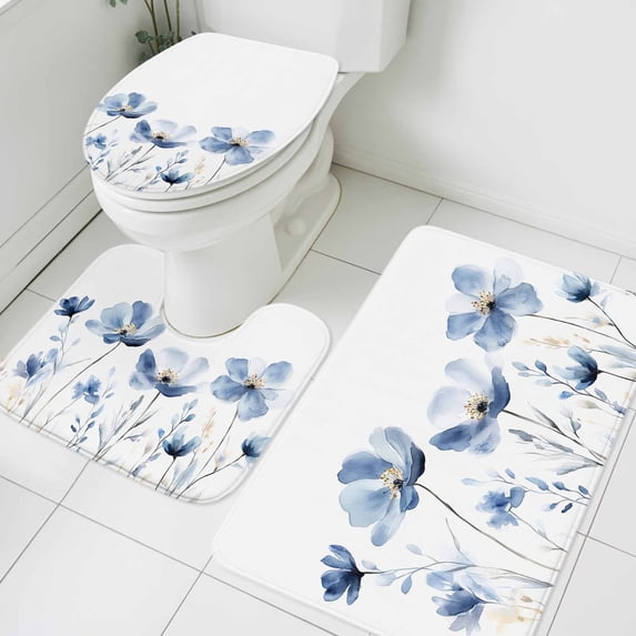 Blue Flowers Bathroom Rugs Set Watercolor Plants Non Slip Absorbent ...
