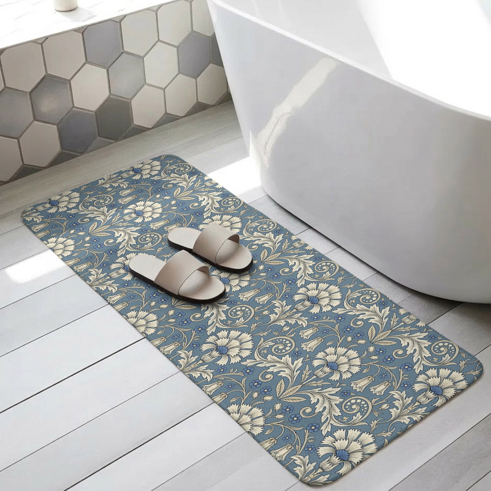 Blue Flowers Bathroom Runner Rugs Non Slip Washable Absorbent Narrow ...