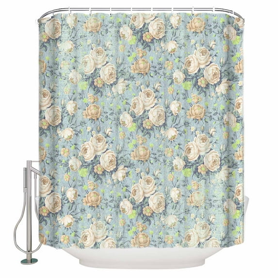 Blue Flowers Bathroom Shower Curtains with 12 Hooks Polyester ...