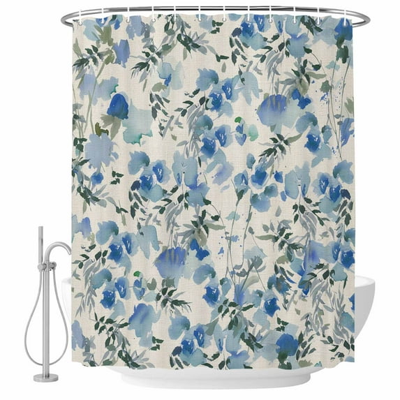 Blue Flowers Bathroom Shower Curtains with Hooks, Spring Watercolor ...