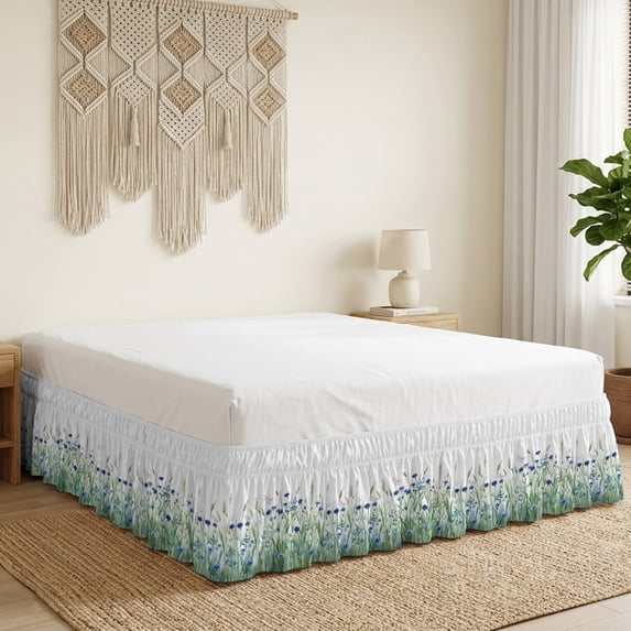Blue Flowers Bed Skirt California King Size 16 Inch Drop, Green Leaves ...