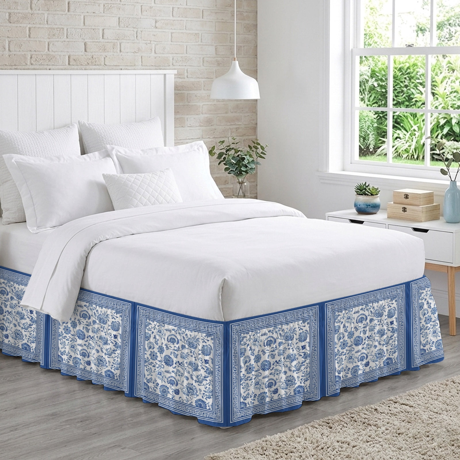 Blue Flowers Bed Skirt King Size 16 Inch Drop, Floral Geometric Classic ...