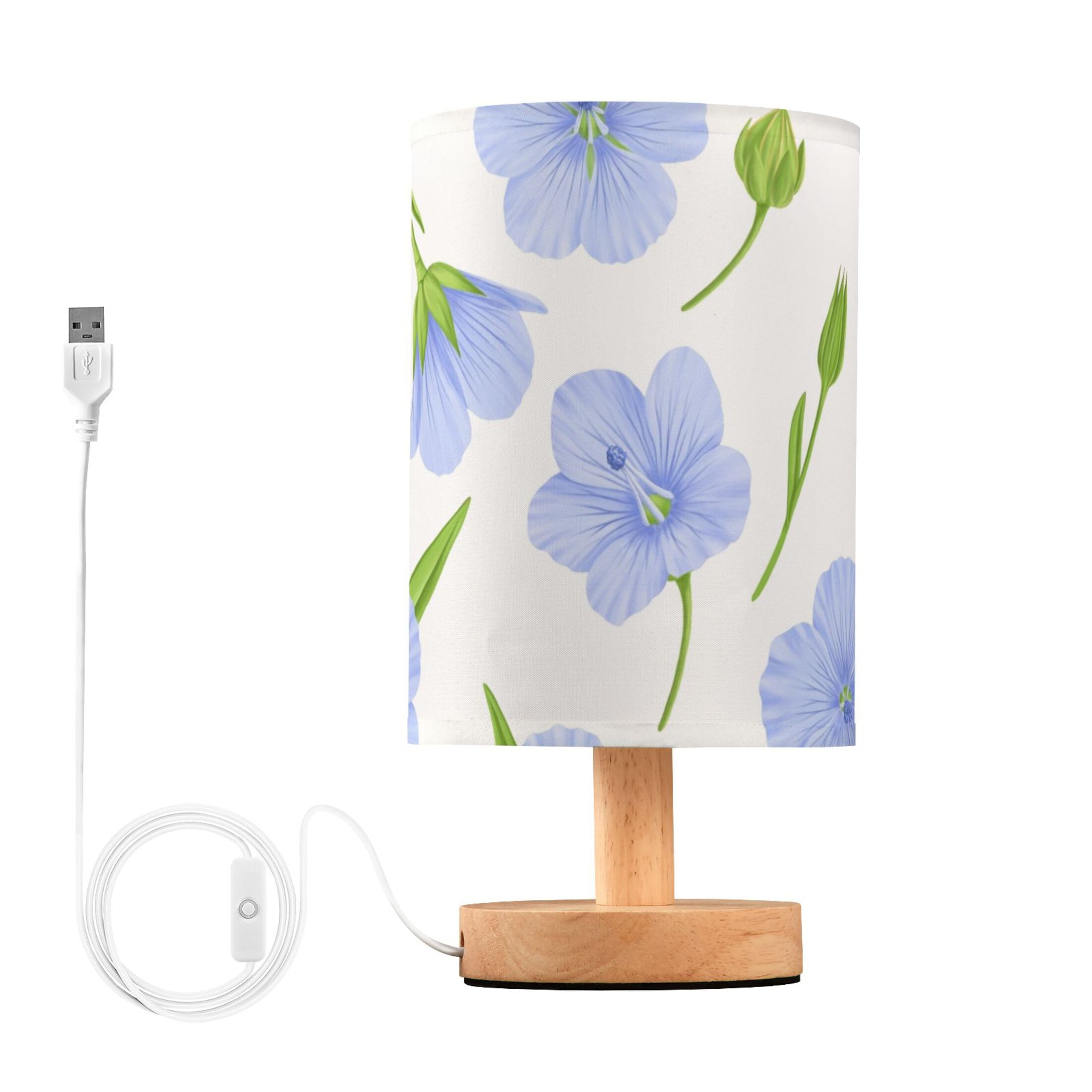 Blue Flowers Bedside Table Lamp LED Warm Lights with USB Charging Port ...