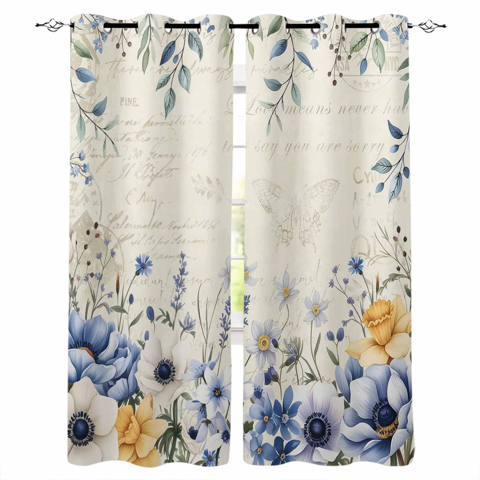 Blue Flowers Blackout Curtains 72 Inches Long,Thermal Insualted Grommet ...