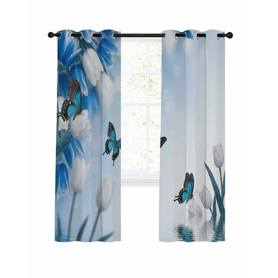 Blue Flowers Blackout Curtains for Bedroom Living Room, White Flowers ...