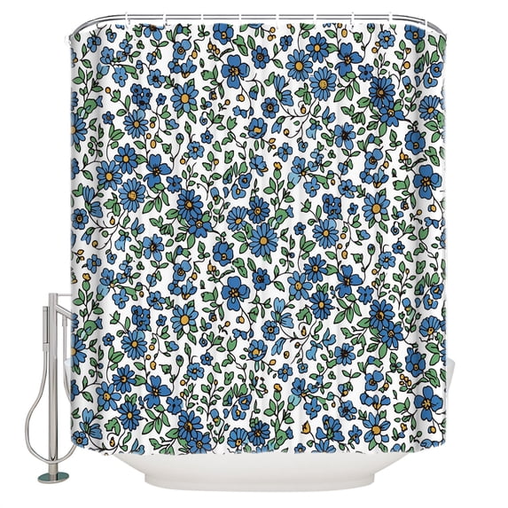 Blue Flowers Blossom Bathroom Shower Curtains with 12 Hooks Polyester ...