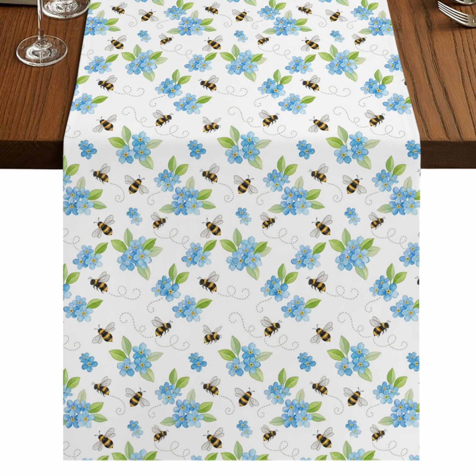 Blue Flowers Blossom Burlap Cotton Table Runner 13x120 Inches Long ...