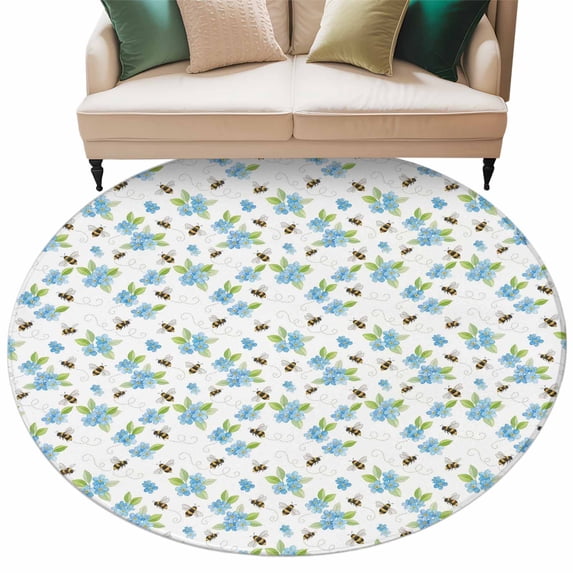 Blue Flowers Blossom Round Rug 6ft Washable Circle Kitchen Rugs Non ...