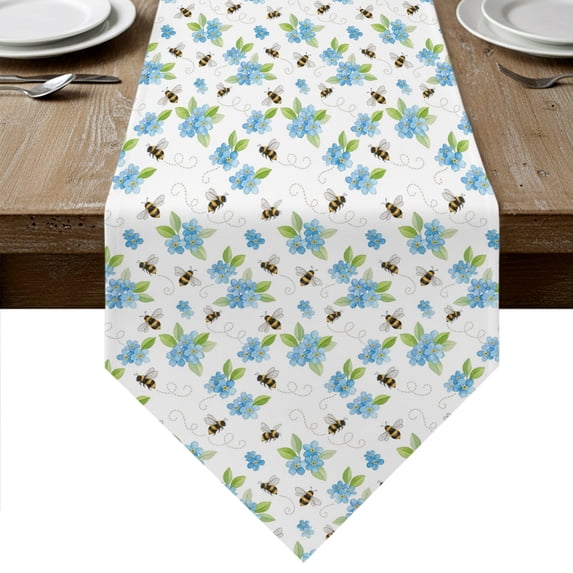 Blue Flowers Blossom Table Runner Linen Burlap Table Runner 72 Inches ...