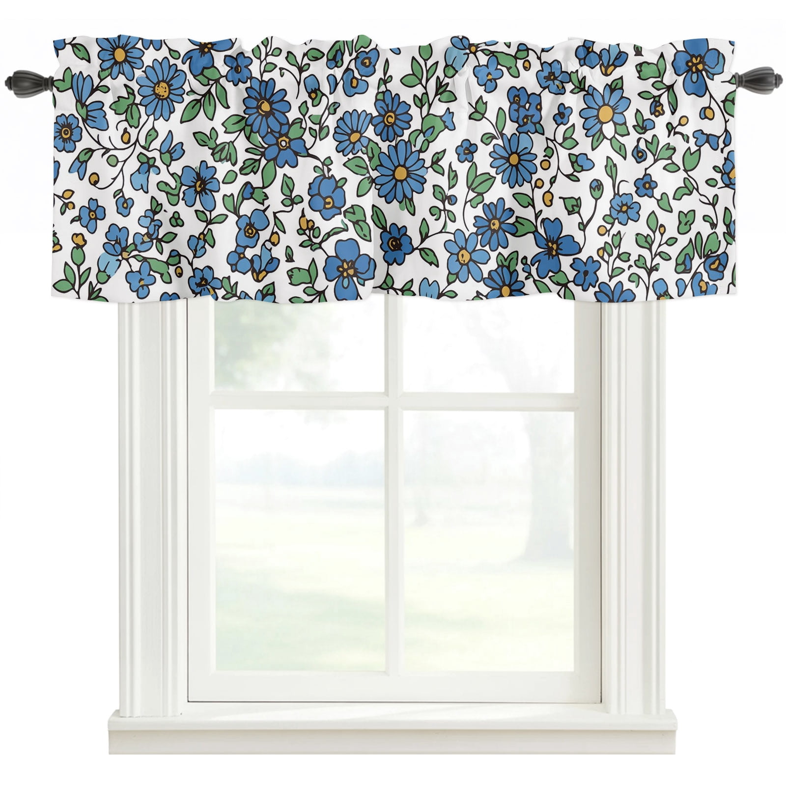 Blue Flowers Blossom Valances for Windows Farmhouse Kitchen Curtains ...