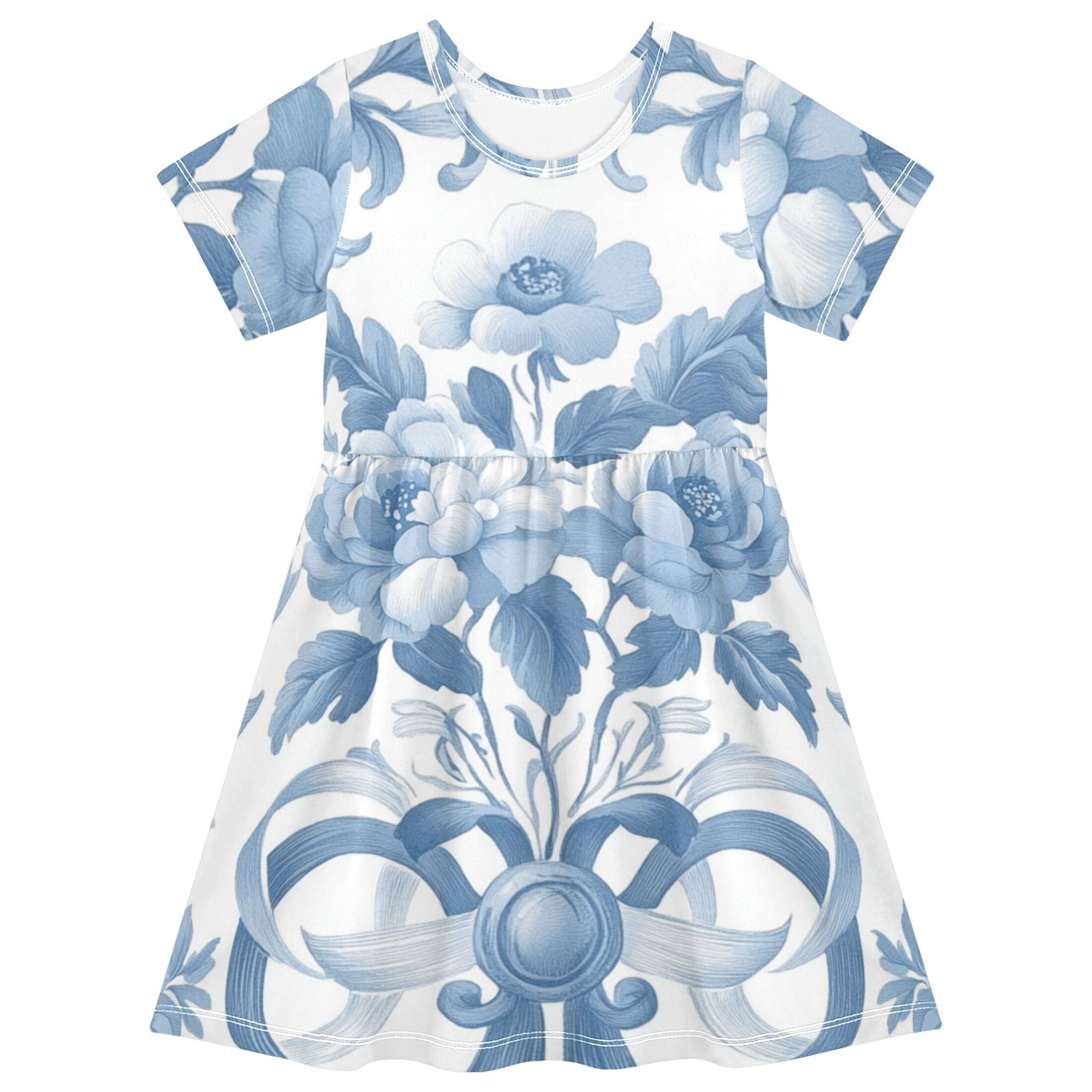 Blue Flowers Bowknots Pastel Elegant Girls' Short Sleeve Dress A-Line ...