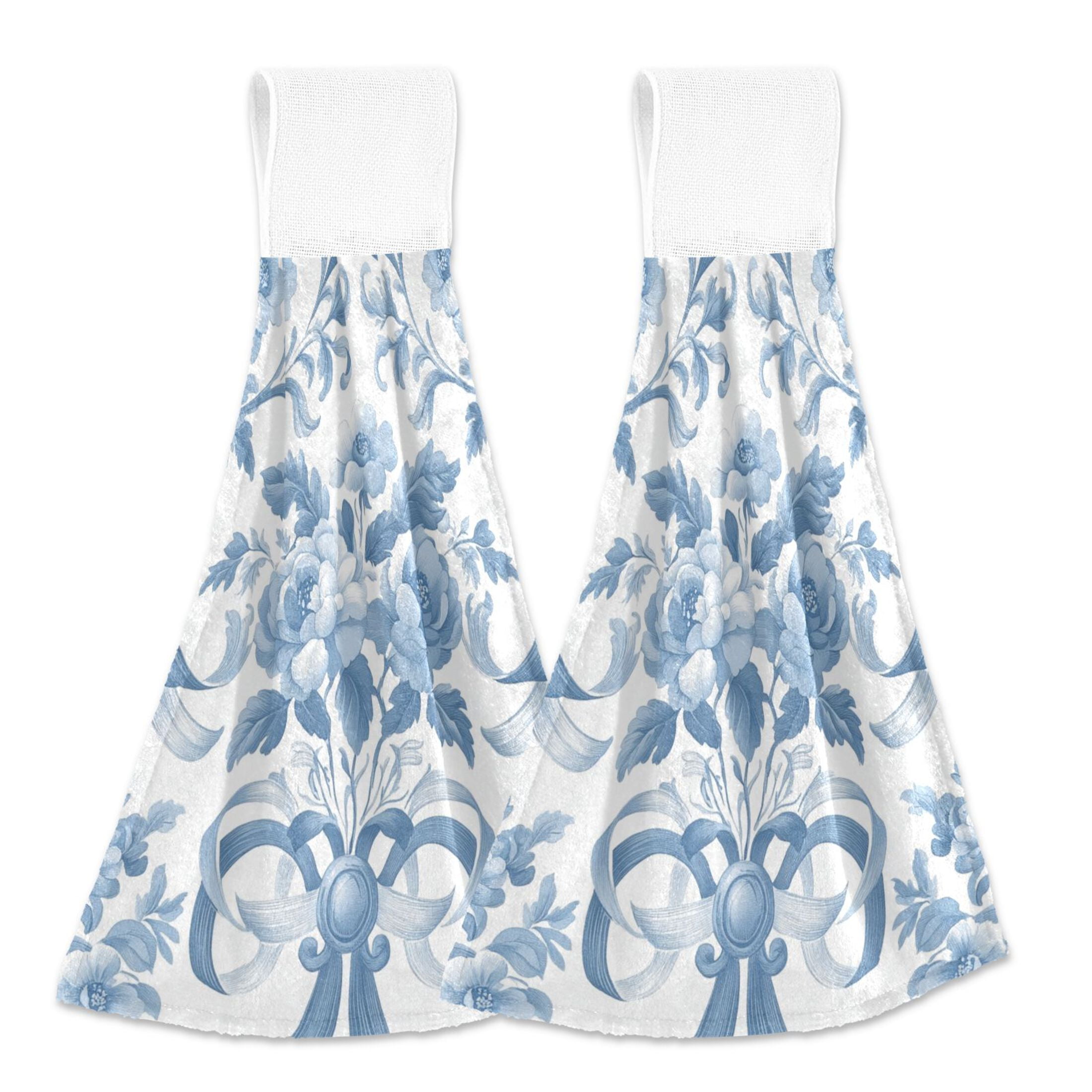 Blue Flowers Bowknots Pastel Elegant Hanging Towels with Loop Hand ...