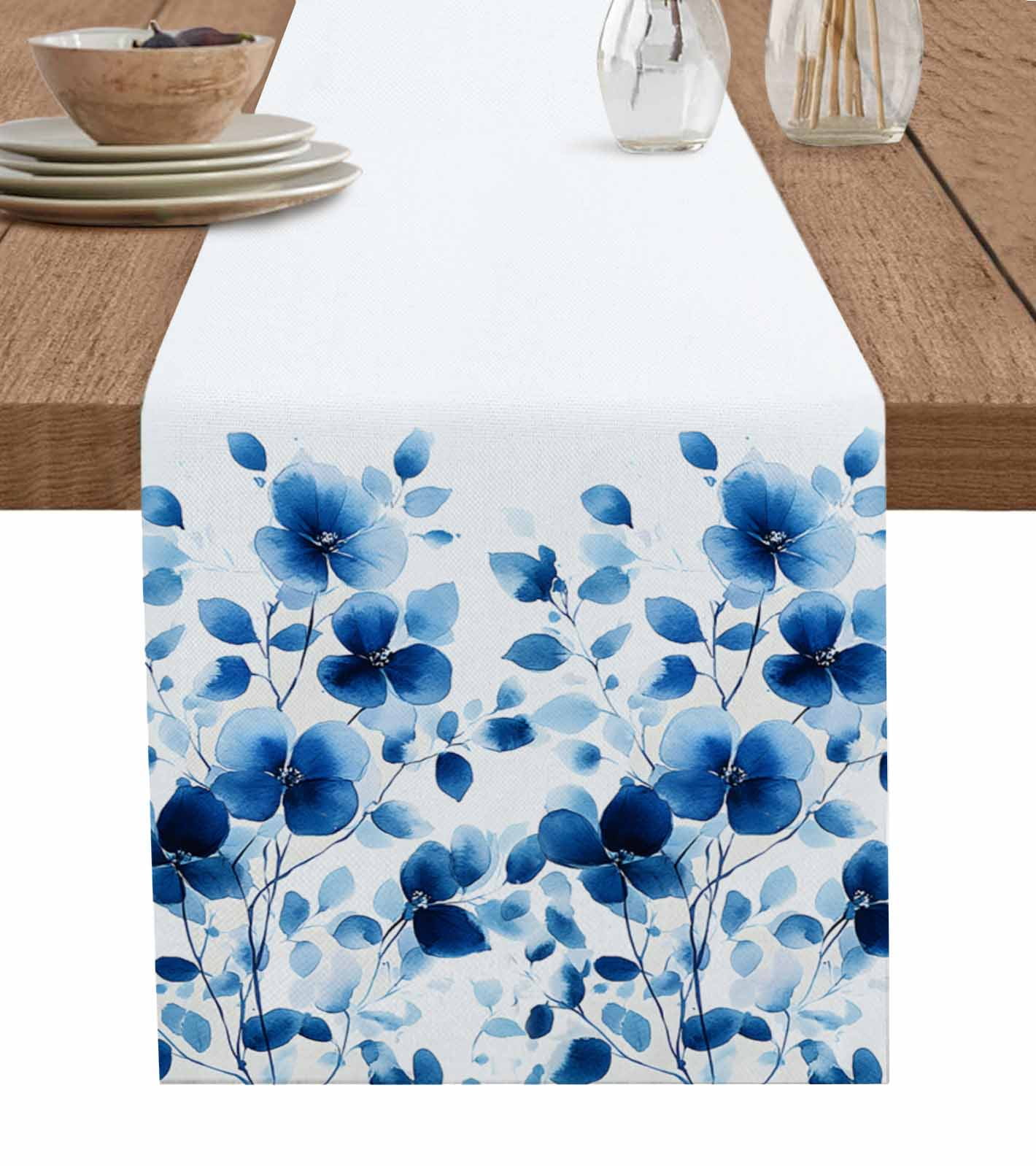 Blue Flowers Burlap Cotton Table Runner 13x108 Inches Long, Spring ...
