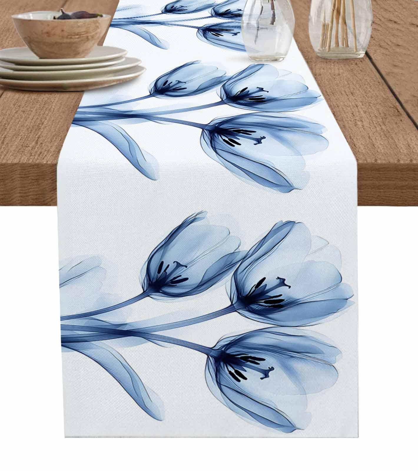 Blue Flowers Burlap Cotton Table Runner 13x120 Inches Long, Gradient ...
