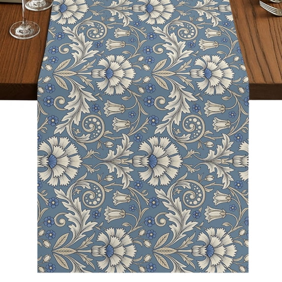 Blue Flowers Burlap Cotton Table Runner 13x60 Inches Long, Spring ...
