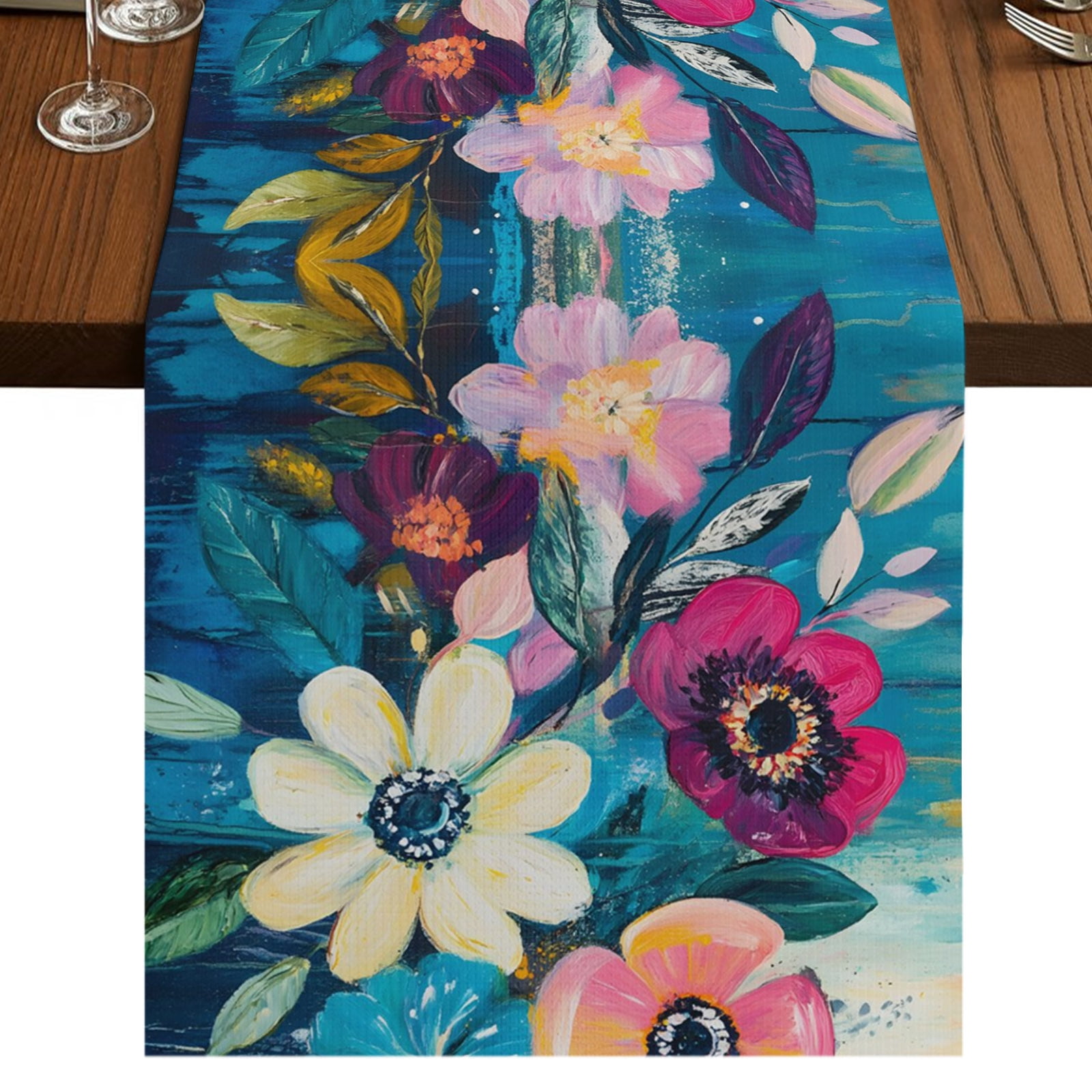 Blue Flowers Burlap Cotton Table Runner 13x70 Inches Long, Spring ...
