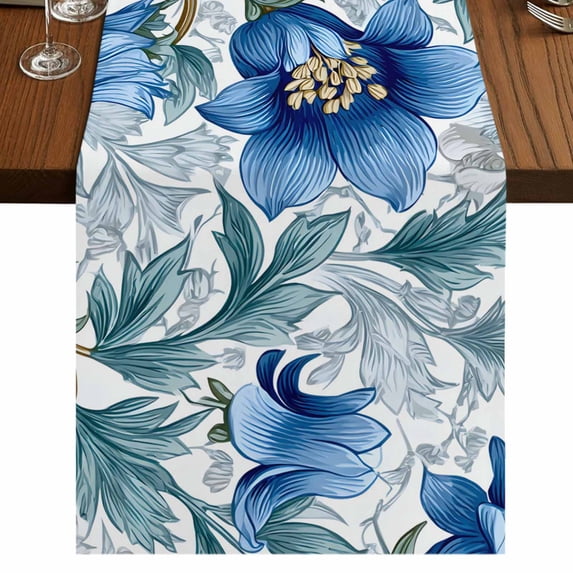Blue Flowers Burlap Cotton Table Runner 13x70 Inches Long, Spring ...