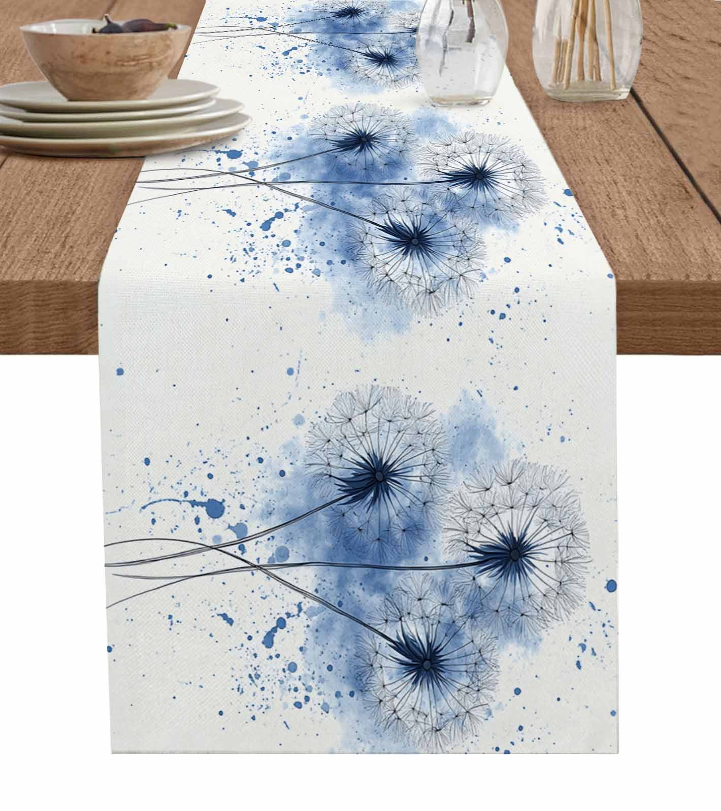 Blue Flowers Burlap Cotton Table Runner 16x72 Inches Long, Simple ...